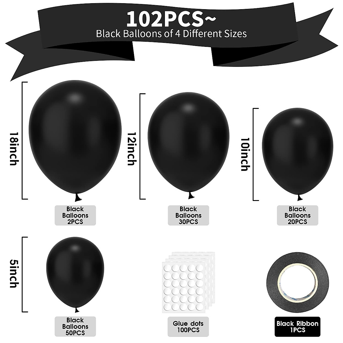 HUICYHFR Black Latex Balloon Arch Kit, 102PCS 18In 12In 10In 5In Arch Garland for Engagement, Wedding, Birthday Party, Anniversary Celebration Decoration With 33FT Ribbon