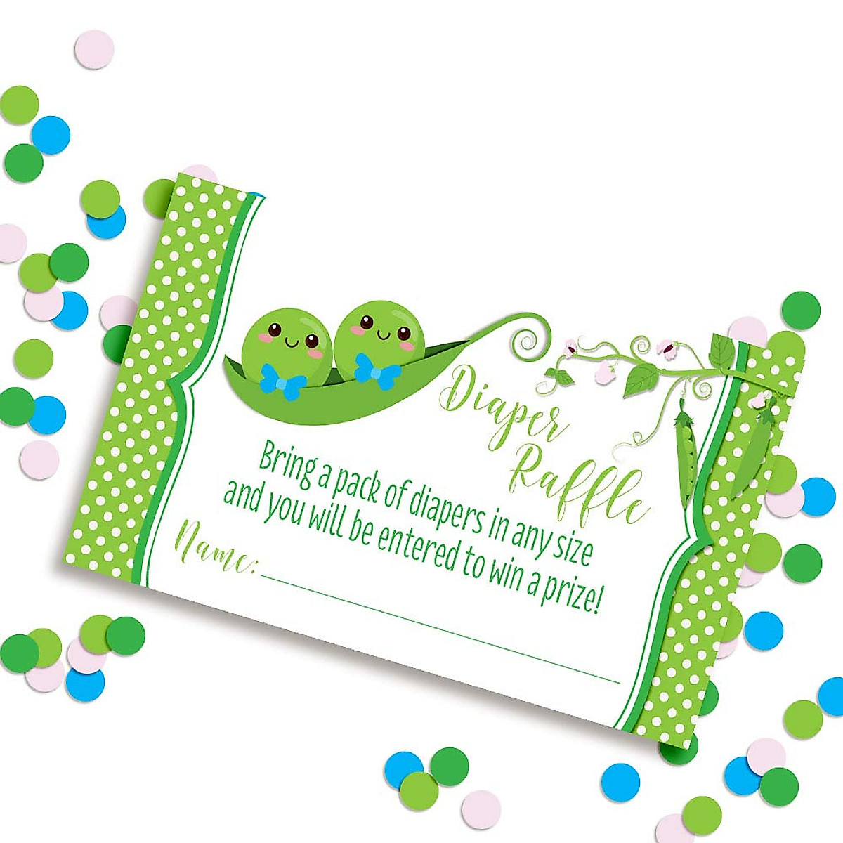 Two Peas In A Pod Twin Boys Diaper Raffle Tickets for Baby Showers, 20 2" X 3” Double Sided Insert Cards for Games by AmandaCreation, Bring a Pack of Diapers to Win Favors & Prizes!