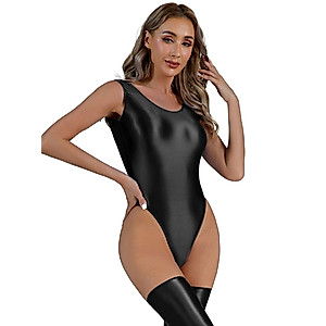YiZYiF Women's 70D Oil Glossy Shiny Swimsuit High Cut Thong Blackless Dance Leotard Bodysuits Black Large