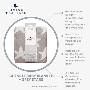 Living Textiles Grey Stars Chenille Soft Baby Blanket Reversible Premium Cozy Fabric for Best Comfort - for Infant,Toddler,Newborn,Nursery,Boy,Girl,Unisex,Throw,Crib,Stroller,Gift, Grey Stars 40x30