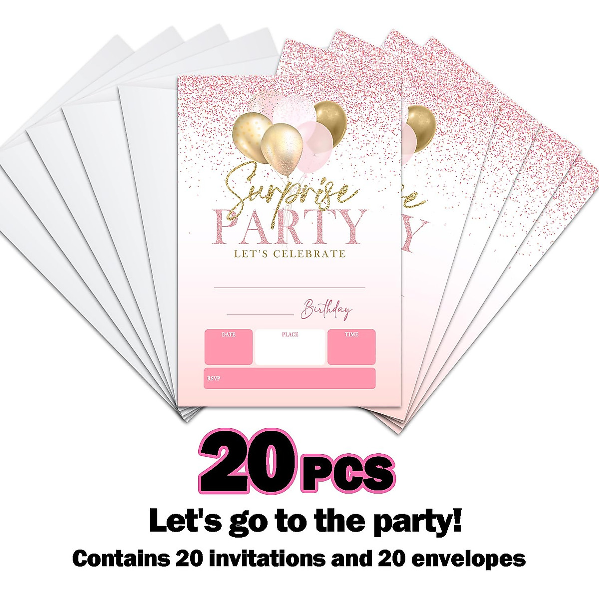 Rose Pink Gold Surprise Birthday Invitations for Women, Pink Balloons Birthday Invites for Adult Boys Girls Teens kids, Any Age Birthday Party Invite Ideas, 20 Invitations with Envelopes - JY709