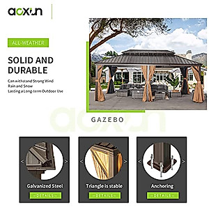 Aoxun 12FT×20FT Hardtop Aluminum Gazebo, Outdoor Metal Frame Canopy Gazebo with a Mosquito Net and Privacy Sidewalls, All-Weather Gazebo Canopy for Patio, Garden, Backyard, Brown