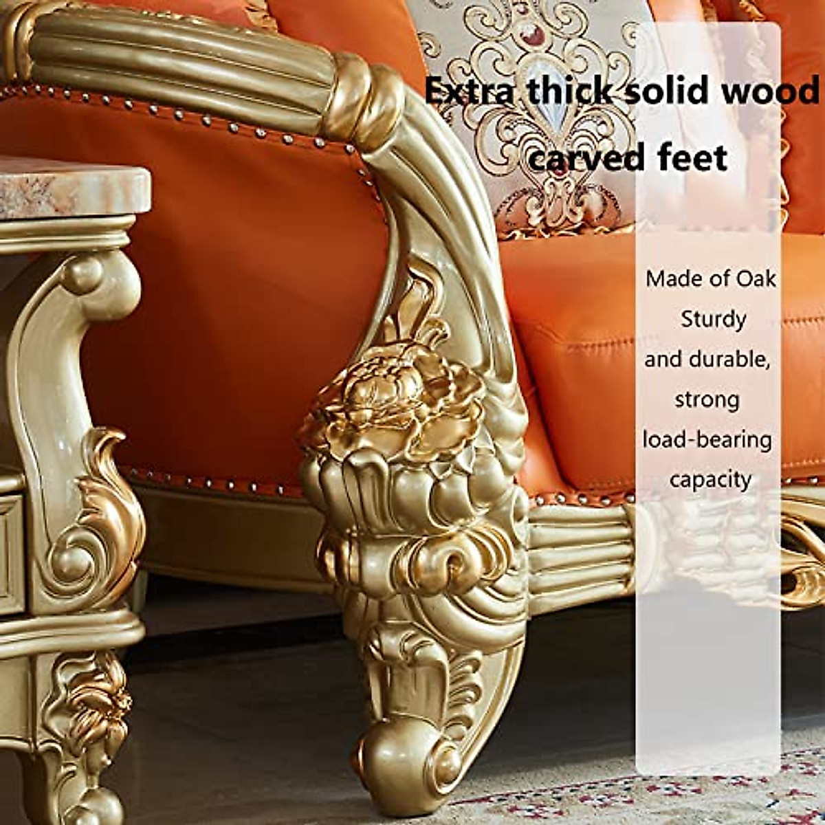 DEKIST Solid Wood Leather Sofa, European-Style Villa Living Room Luxury Leather Sofa, Mansion Solid Wood Furniture Suitable for Villa Living Room with Pillows