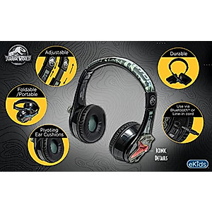 eKids Jurassic World Bluetooth Headphones, Wireless Headphones with Microphone Includes Aux Cord, Kids Headphones for School, Home, or Travel