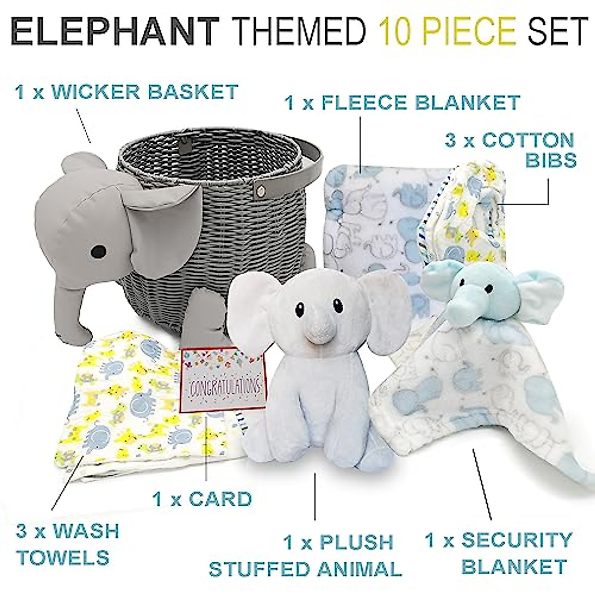 Baby Shower Gifts - New Baby Newborn Essential Gift Basket, Beautiful Elephant Theme Gift Wrapped for a boy or Girl, All in One Registry Essential Stuff for Boys or Girls, Includes Card Perfect Set