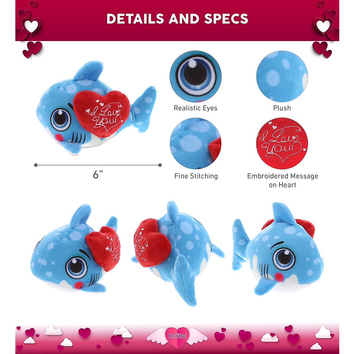 DolliBu I Love You Valentine Plush Blue Shark - Cute Shark Stuffed Animal with I Love You Plush Red Heart and Name Personalization Shark Gift for Valentines Day, Birthday, Romantic Date, 5.5 Inches