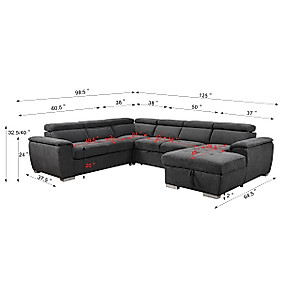 RENDGO 125" U Shaped Sectional Sofa with Pull-Out Bed, Sofa Bed with Adjustable Headrests Storage Chaise, Upholstered Oversized Sectional Sleeper Couch with Ottoman for Living Room,Dark Grey