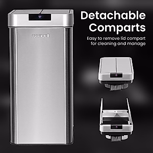 roomwell Automatic Trash Can Kitchen 13+ Gallon - Stainless Steel Garbage Can Touchless with Motion Sensor Lid and Infrared Light with AC Power Adapter (Limitted Edition 2.5 Gallon)
