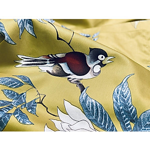 Exotic Modern Floral Print Bedding Birds Flowers Dusty Grey Design 100% Cotton Duvet Cover 3pc Set Hibiscus Blossom Branches in Muted Gray Blue (Queen, Citronelle Green)