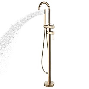 Brushed Gold Freestanding Bathtub Faucet with Hand Shower Tub Filler Faucet Floor Mounted High Flow Single Handle Bath Filler Solid Brass
