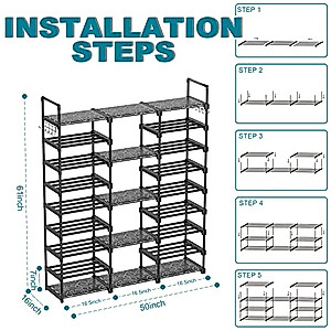 RIRPUAE 9-Tier Shoe Rack Storage Organizer, Shoe Shelf for Holds 50-55 Pairs Large Shose Stand with Adjustable Side Hooks for Entryway and Hallway