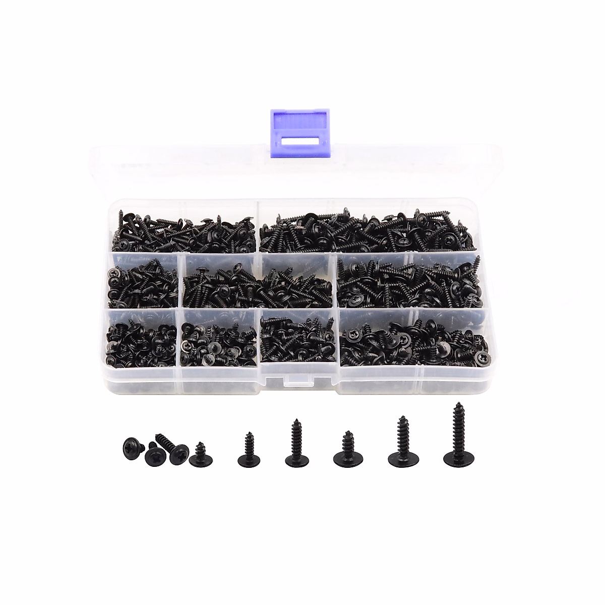 LBY 900pcs M2.3 M2.6 M3 Truss Head Self Tapping Screws, Wafer Head Screws, Pan Head with Washer Screw 9 Sizes Self Tapping Screws Assortment Kit, Carbon Steel (Blacking)