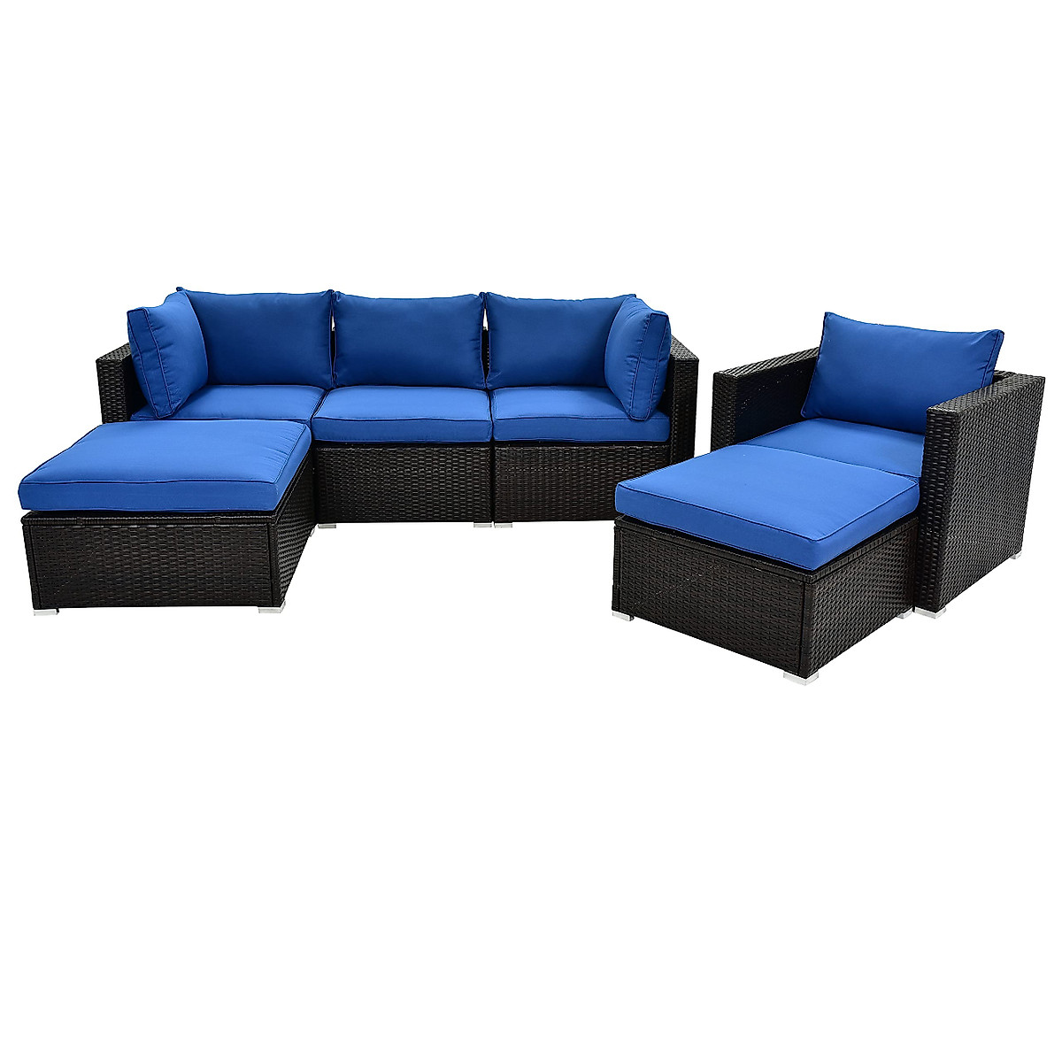 Merax Patio Furniture Sets, 6 PCS Outdoor Patio Sectional Sofa Set, All Weather PE Wicker Rattan Conversation Set with Glass Table & Cushions, Brown+Blue