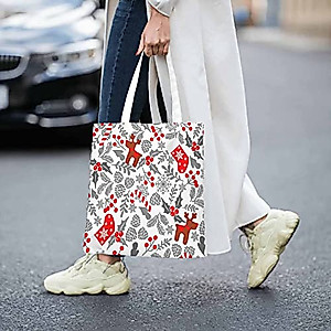 Canvas Tote Bag，Winter Holly Berries Candy Deer Christmas Reusable Large Shopping Shoulder Tote Bag For Women，Red Holiday Doodle Tree Art Blossom Leaf Nature White Beach Tote Bags Bulk For Work