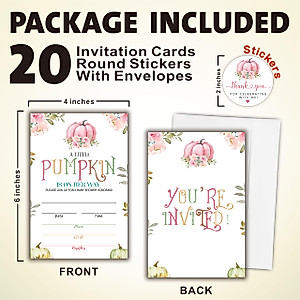 Ketsord 20 Baby Shower Invitations & Thank You Stickers - A Little Pumpkin Is On Her Way Invites, Envelopes And Adhesive Round Thank You Stickers, Gender Reveal, Baby Announcement Party Favor (A07)