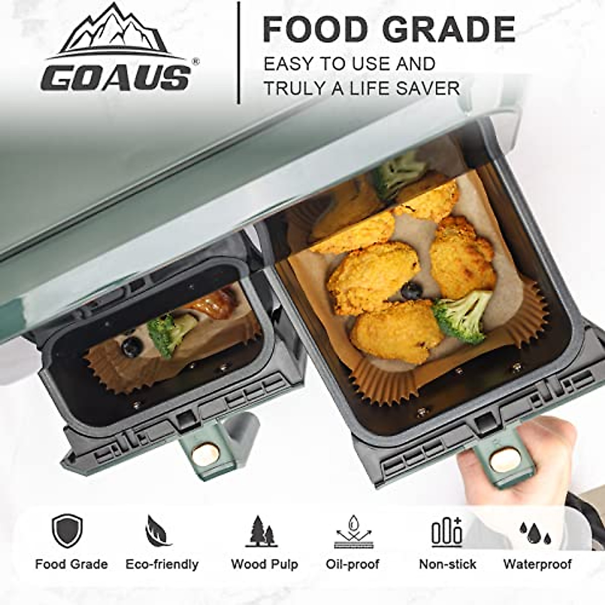 GOAUS Air Fryer 100 Pcs Rectangular Paper Liners Disposable for Dual Air Fryer with 2 Baskets 8 Qt and above, 8.6x5.5 inches Parchment Paper Rectangle, Fit Ninja DZ201 DZ401 IG651