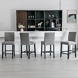 DAGONHIL 24 inch Bar Stools Set of 4, Counter Height Bar Stools with Backs, Nail Head Barstools with Wood Legs, Upholstered Kitchen Island Chairs, Gray