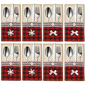 Christmas Burlap Cutlery Holders Pouch Bags with Lace Utensil , Knifes Forks Napkin Utensil Silverware Holders Buffalo Check Plaid Xmas Tableware Decor Set for Christmas Wedding Party 8 Packs