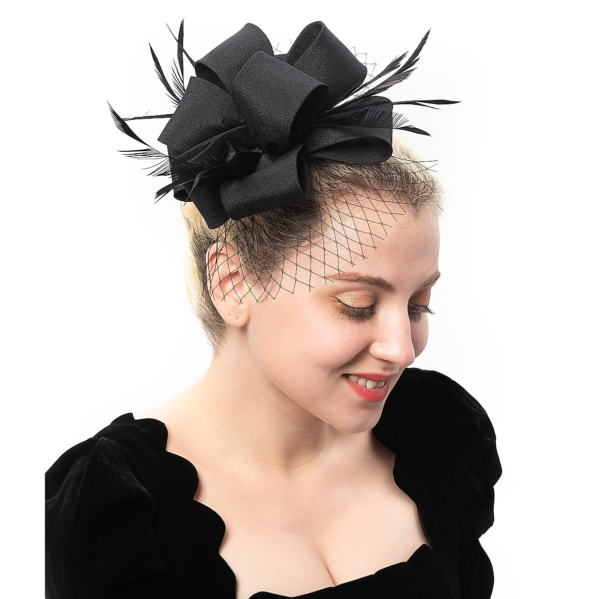Myjoyday Women's Fascinators Hat for Tea Party Church Cocktail, Feathers Veil Headband with Hair Clip (Black)