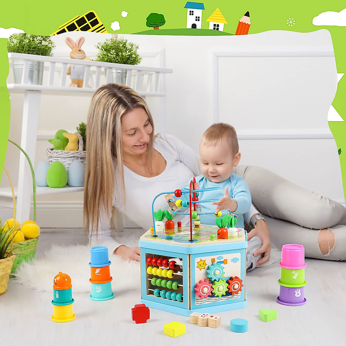 Vomocent Wooden Activity Cube for 1 Year Old Kids, Educational Learning Bead Maze for Toddler Age 1-3, Developmental Montessori Toys for 12-36 Months Boys Girls Gift