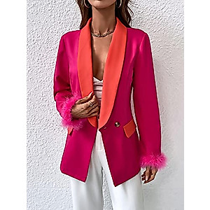 WDIRARA Women's Colorblock Fuzzy Trim Shawl Collar Double Button Work Office Jacket Blazer Pink and Orange S
