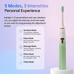 M-teeth Sonic Electric Toothbrush for Adults, X7 Series with 120 Days Battery Life, 5 Modes, 3 Brush Heads, Smart Timer, Dentist Recommended, Rechargeable, Water Resistant, Green