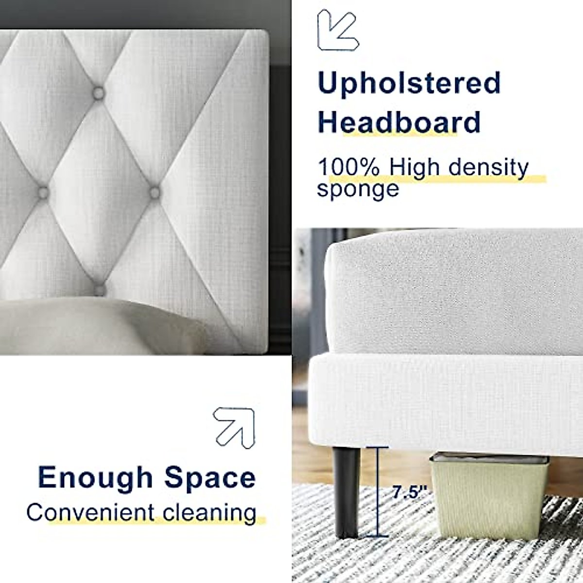 Molblly Full Size Platform Bed Frame with Adjustable Headboard, Linen Fabric Wrap, Strong Frame and Wooden Slats Support, No Box Spring Needed, Non-Slip and Noise-Free, Easy Assembly, White