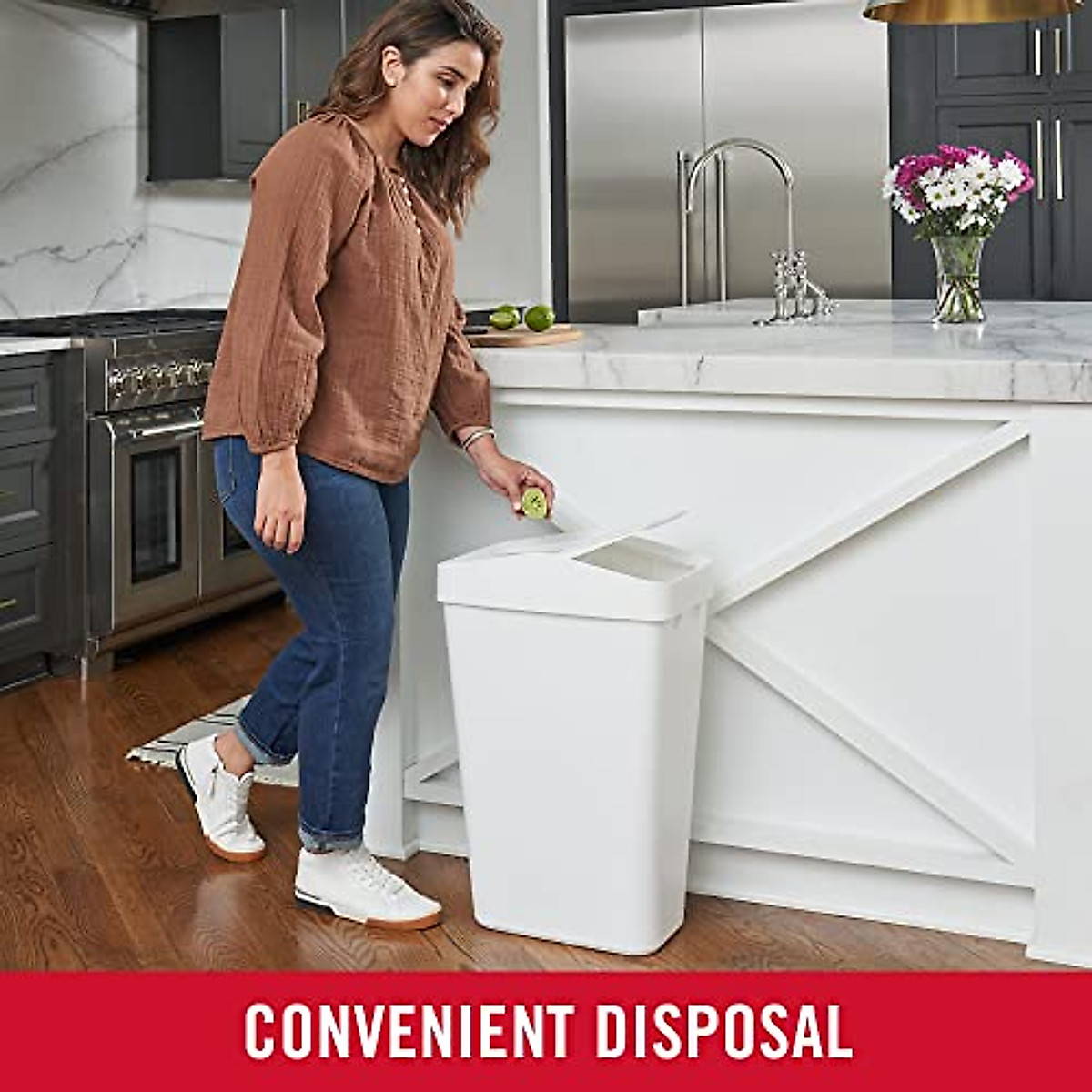 Rubbermaid Swing Top Waste Container for Home and Kitchen, Easy Access Disposal and Slim Modern Trash Can with Lid, 12.2 Gallon Capacity, White