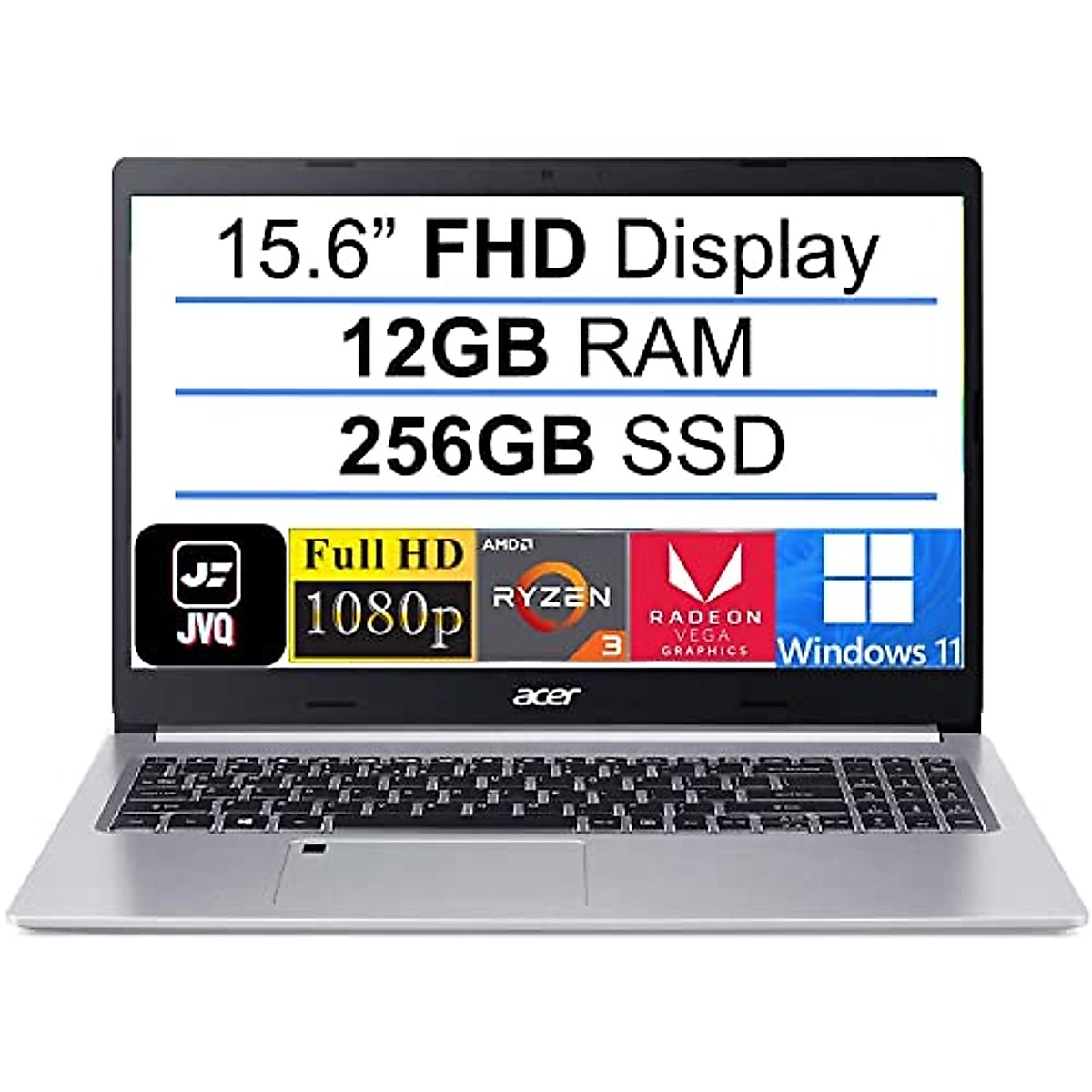 Acer 2022 Newest Aspire 5 Slim 15.6" FHD IPS Laptop, AMD Quad-Core Ryzen 3 3350U(Up to 3.5GHz,Beat i5-7200U), 12GB DDR4 RAM, 256GB SSD, WiFi 6, Backlit Keyboard, Fingerprint, HDMI, Windows 11+JVQ MP