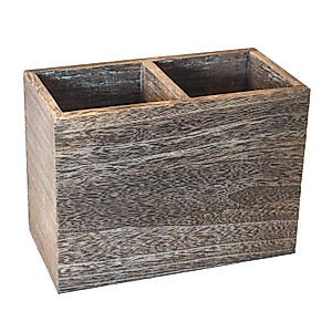 Double Torched Wood Kitchen Cooking Utensil Holder | 2 Compartment Large Caddy | Organizer Box with Slide-Out Bottom Panel by Farwood Designs