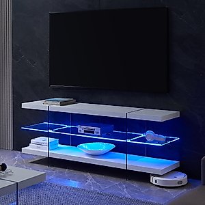 T4TREAM Modern TV Stand for 75 Inch TV, Tempered Glass and Wood Entertainment Center with RGB LED Lights, Media Console Table with Open Storage Shelves for Living Room, Solid White