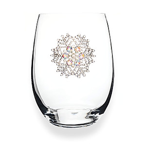 THE QUEENS' JEWELS Snowflake Jeweled Stemless Wine Glass, 21 oz. - Unique Gift for Women, Birthday, Cute, Fun, Holiday, Not Painted, Decorated, Bling, Bedazzled, Rhinestone