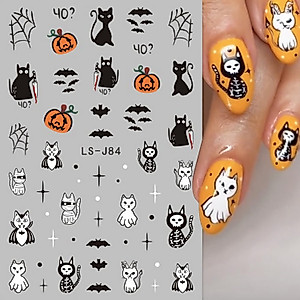 Halloween Nail Art Stickers Cute Ghost Pumpkin 3D Self-Adhesive Nail Decals Bat Cat Skull Designs Nail Decorations Halloween DIY Manicure Supplies for Women Girls&Kids 6Pcs