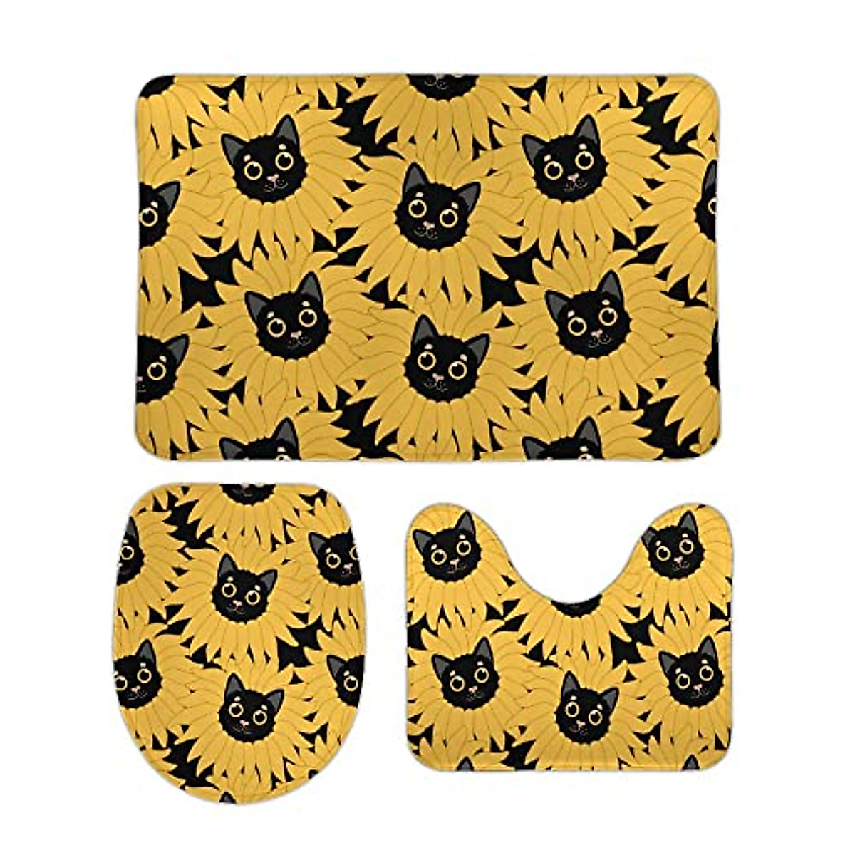 My Little Nest 3 Piece Bath Rugs Mat Set Sunflower Funny Black Cat Soft Foam Bath Mat Non Slip Bathroom Rugs Washable Contour Mat and Lid Cover