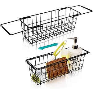 Yesland 2 Pack Over The Kitchen Sink Caddy Sponge Holder - Expandable from 13.25 to 20.75 Inch, Stainless Steel Telescopic Sink Storage Rack Basket for Kitchen Sink Bathroom Laundry Room Black