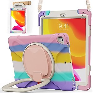 BATYUE Case for iPad 6th Generation 9.7 inch 2018, iPad 5th Gen 2017, iPad Air 2/ iPad Pro 9.7'',Shockproof Protective Cover with Pencil Holder &Rotating Bracket &Shoulder Strap (Colourful Pink)