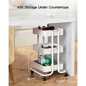 Pipishell 3 Tier Metal Rolling Utility Cart, Heavy-Duty Storage Rolling Cart with 2 Lockable Wheels, Multifunctional Mesh Organization Utility Cart for Kitchen Dining Room Living Room (White)