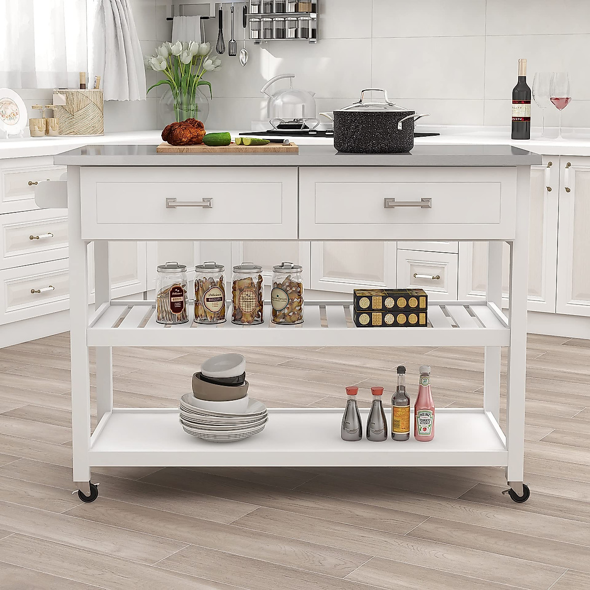 RASOO Kitchen Island White Stainless Steel Top Kitchen Cart On Wheels with 2 Drawers and Storage Shelves, 47.24"x19.68"x35.82"(LxWxH
