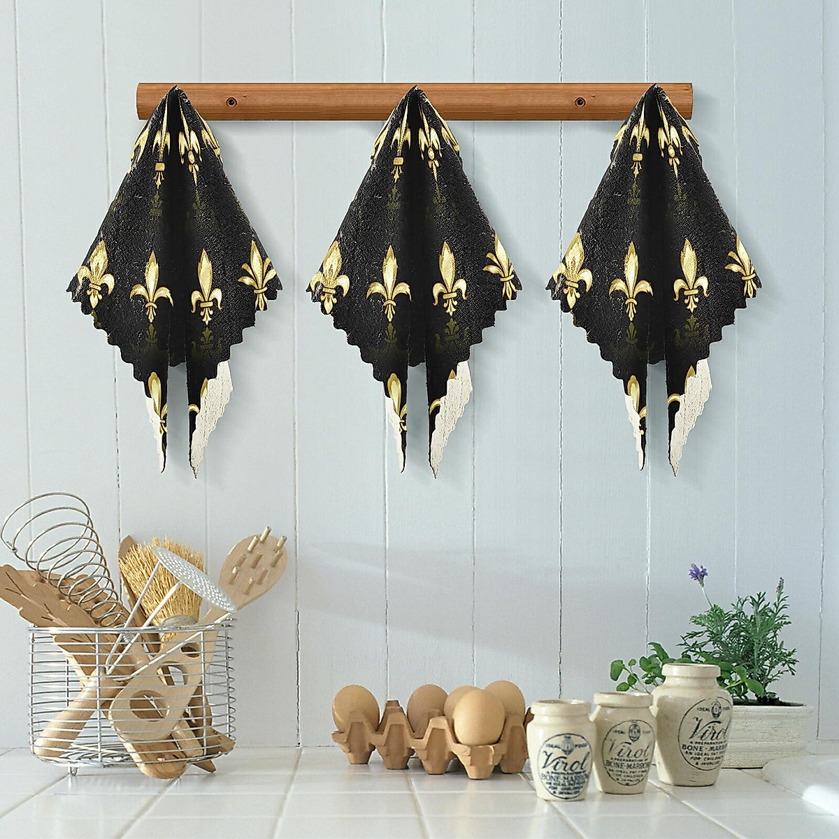 Gold Golden Fleur De Lis Design Collection Sets Seamless on Black 6 Set Kitchen Dish Towels, Washcloths Cleaning Cloths Dish Cloths, Absorbent Towels Lint Free Bar Tea Soft Waffle Towel 11"x11"