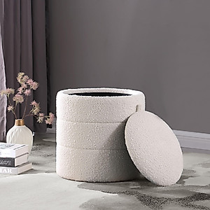 HomePop Storage Round Ottoman with Removable Lid Home Décor|Upholstered Round Foot Rest Ottoman - Cream Boucle