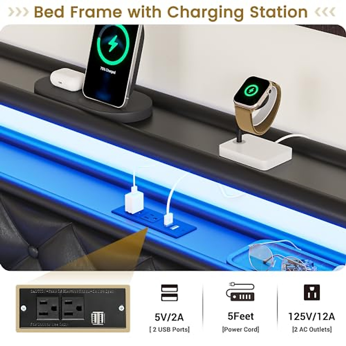 ADORNEVE Queen LED Bed Frame with Storage Headboard,Faux Leather Queen Size Platform Bed Frame with Power Outlets & USB Ports,Noise-Free,Black