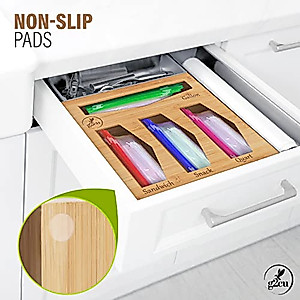 g2cu Bamboo Ziplock Bag Organizer For Kitchen Drawer Includes Set of 16 Food Bags-Wall Mounted Baggie Organizer with Lock-Plastic Bag Holder Dispenser Compatible With Gallon, Sandwich, Snack & Quart