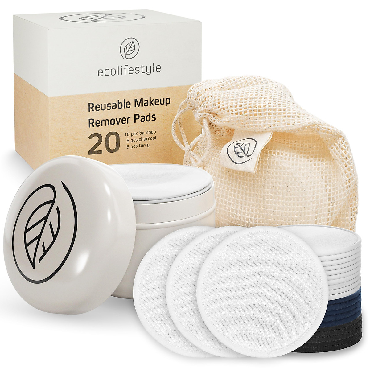 Ecolifestyle Reusable Makeup Remover Pads (20 Pack) - Reusable Cotton Rounds with Laundry Bag & Metal Storage Box | Eco-Friendly, Zero Waste | Bamboo, Terry & Charcoal Washable Face Pads