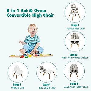 BABY JOY 5 in 1 High Chair, Convertible High Chairs for Babies and Toddlers/Booster Seat/Table and Chair Set, Infant Wooden Highchair w/ 5-Point Harness, 4-Position Removable Tray & PU Cushion, Gray