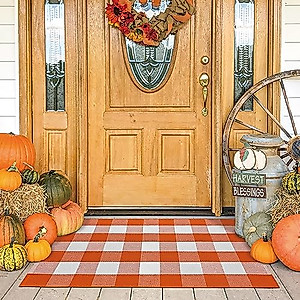 KOZYFLY Buffalo Plaid Rug 27.5x43 Inches Orange and White Checke Rug Halloween Fall Door Mat Woven Cotton Washable Area Rugs Door Mat Outdoor Entrance for Front Porch Entryway