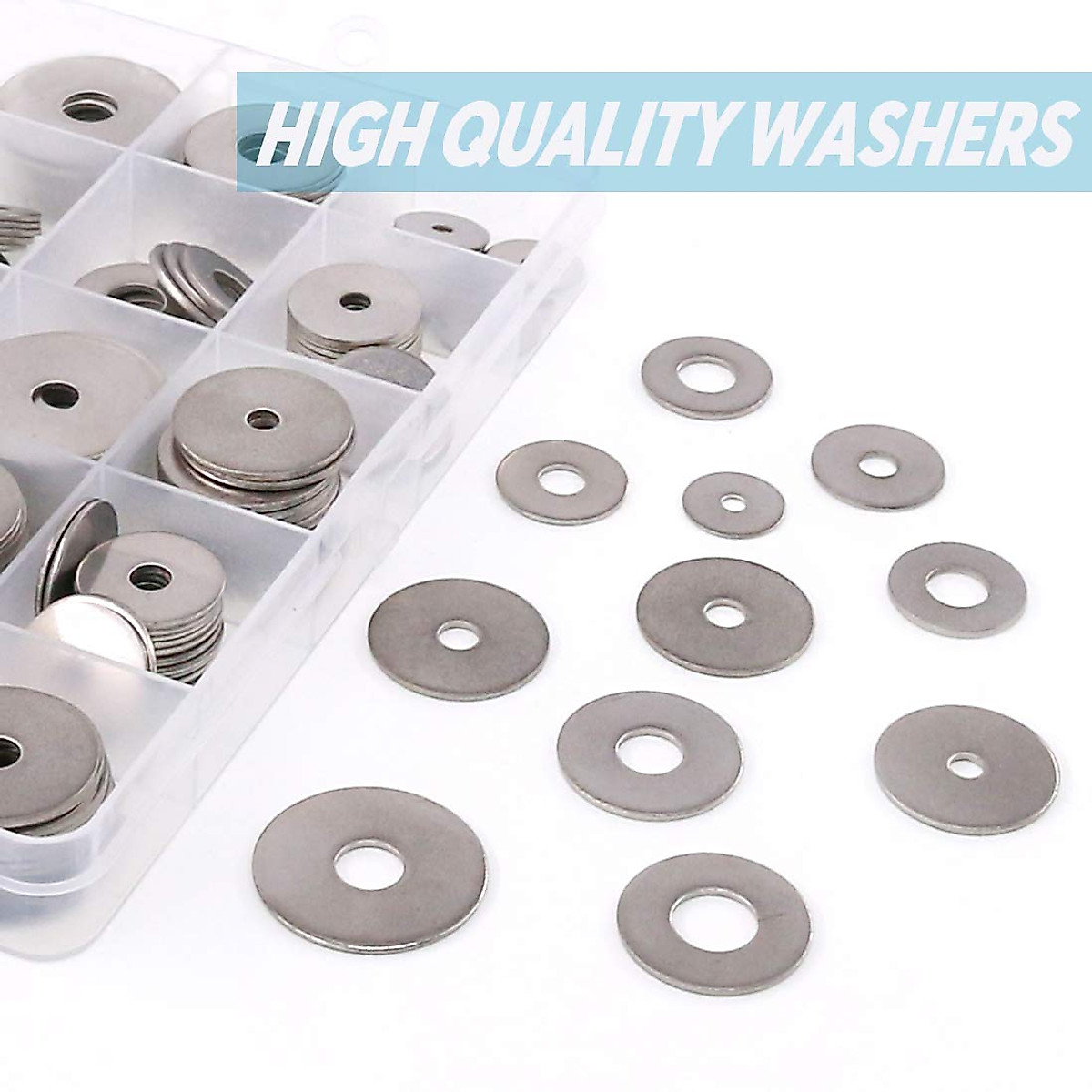 Glarks 175Pcs 304 Stainless Steel Large Penny Fender Washers Assortment Set-M3, M4, M5, M6, M8, M10, M12