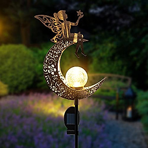 ConKrian Garden Solar Lights Pathway,Angel Moon Crackle Glass Globe Stake with Angel Metal Lights,Waterproof Warm White LED for Lawn,Patio or Courtyard,Christmas Decorative Lights Outdoor Gift Set