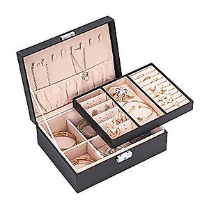 Smileshe Jewelry Box for Women Girls, PU Leather Organizer Holder Boxes with Lock, 2 Layers Removable Display Storage Travel Case for Rings Earrings Necklaces Bracelets