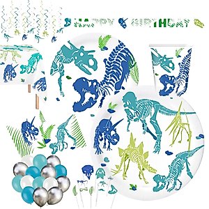 Serves 24 Ultimate Dinosaur dino Watercolor Party Supplies Includes Plates,Napkins,Table Covers,Balloons, Banner, Swirls, Photo props ideal for Birthday, Dinosaur Skeleton Theme Party Decor