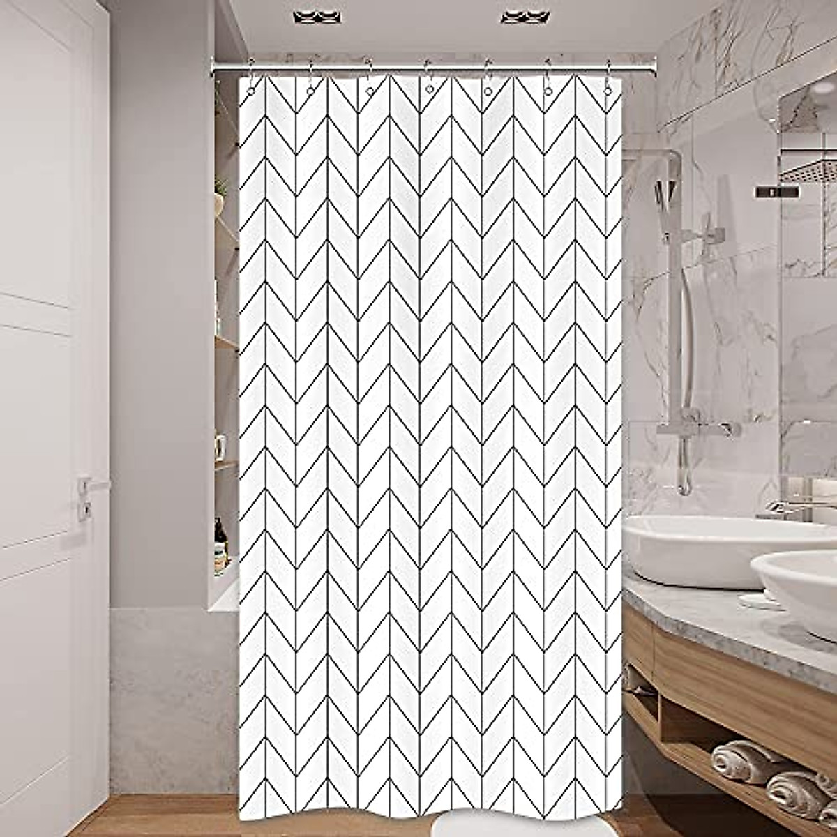 Riyidecor Black White Stall Small Dorm Camper Shower Curtain Liner RV Narrow Walkin Standing Half Little Size 36Wx72H Inch Chevron Herringbone Geometric Tiny Single Stand Up Fabric Bathroom Decor